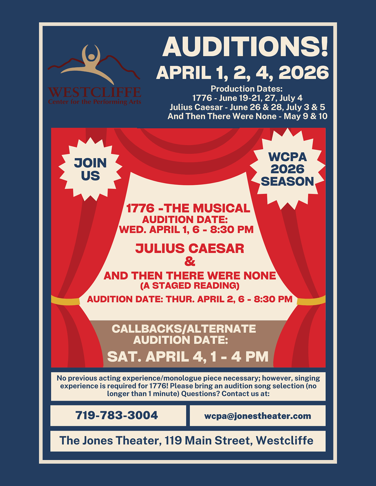 2026 Spring & Summer Show Auditions | Westcliffe Center for the ...